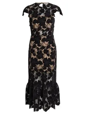 Alice + Olivia Clover Cutwork Lace Midi Dress - Black