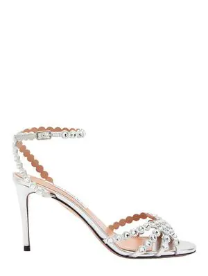 AQUAZZURA Tequila 85 Embellished Metallic Leather Sandals - Silver