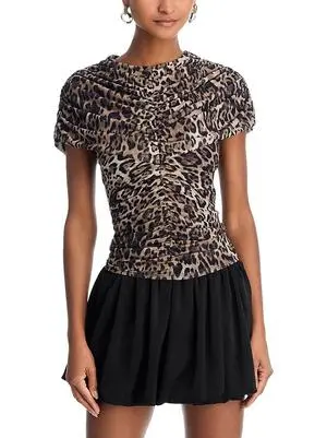 WAYF Beth Ruched Mesh Top - Leopard