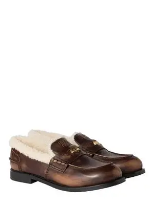 Miu Miu Bleached Leather And Shearling Penny Loafers White