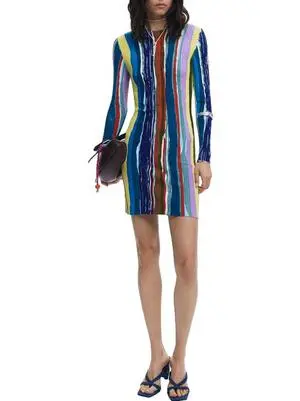 Desigual Paint Stripe Long Sleeve Mini Dress - Blue