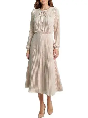 QUINCY MAE Long Sleeve Pleated Maxi Dress - Beige