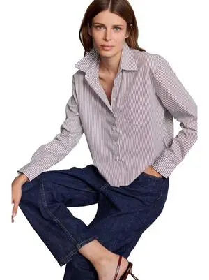 The Shirt By Rochelle Behrens Long Sleeve Boxy Crop Shirt - Burgundy/blue Stripe
