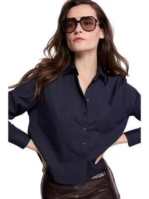 The Shirt By Rochelle Behrens Long Sleeve Boxy Crop Shirt - Navy