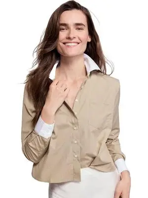 The Shirt By Rochelle Behrens Long Sleeve Boxy Crop Shirt - Taupe/white Collar