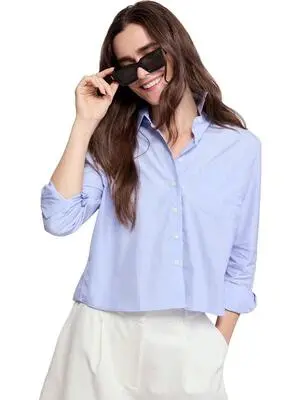 The Shirt By Rochelle Behrens Long Sleeve Boxy Crop Shirt - Thin Blue/white Stripe