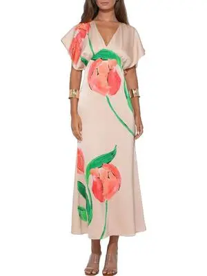 Adelyn Rae Floral Flutter Sleeve Satin Maxi Dress - Floral Print