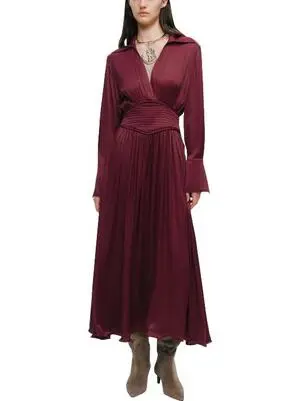 NOCTURNE Plunging V-neck Collared Midi Shirt Dress - Burgundy