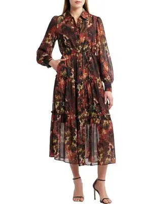 Julia Jordan Floral Long Sleeve Tiered Chiffon Shirtdress - Brown Multi