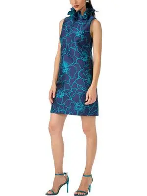 Trina Turk Edina High Ruffle Neck Dress - Tidewater Teal/ink