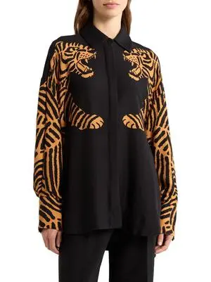 Farm Rio Tiger Print Button-up Shirt - Black