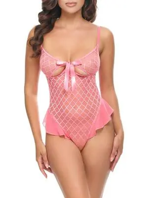 OH LA LA CHERI Flocked Mesh Teddy With Ruffle Trim - Pink Lemonade