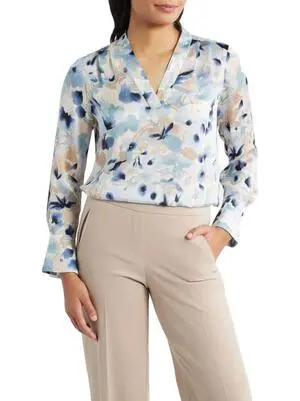 Anne Klein Floral V-neck Top - White Dove Multi
