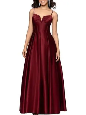 BLONDIE NITES Notch Neck Satin Ballgown - Wine