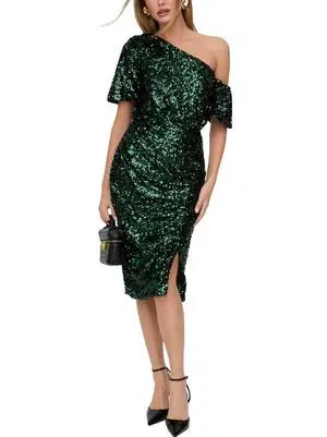 LILY AND LIONEL Nola Asymmetric Sequin Midi Dress - Green