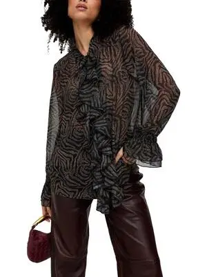 LILY AND LIONEL Zendaya Zebra Print Ruffle Shirt - Black