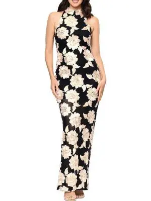 Betsy & Adam Floral Soutache Sheath Gown - Black/champagne