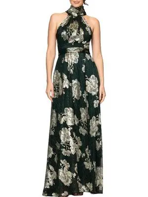 Betsy & Adam Crinkle Metallic Floral Gown - Hunter/gold