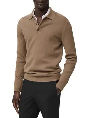 Mango Long Sleeve Piqué Polo - Medium Brown