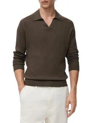 Mango Ribbed Polo Sweater Khaki Green