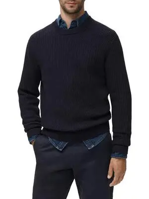 Mango Fine Rib Knit Cotton Crewneck Sweater - Navy