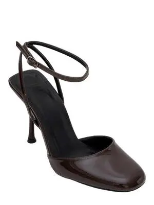 PROLOGUE SHOES Round Toe Ankle Strap Pumps - Brown Patent