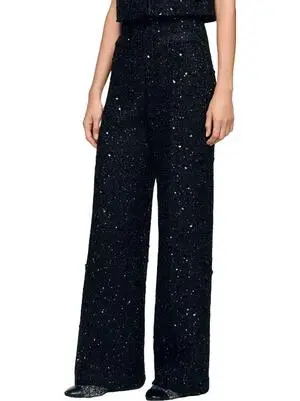 Sandro Rhinestone Embellished Tweed Trousers - Black