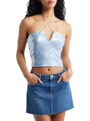 Princess Polly Kalokairi Sequin Halter Top - Blue