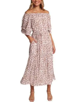 PETAL & PUP Rhody Leopard Print Off-the-shoulder Maxi Dress - White Leopard