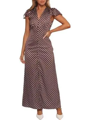 PETAL & PUP Polka Dot Satin Maxi Dress - Brown Polka Dot
