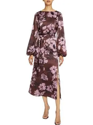 Santorelli Floral Twill Crepe Fit And Flare Midi Dress - Raisin
