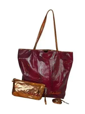 Carlos Falchi Vegan Python Large Tote With Convertible Pouch - Maroon