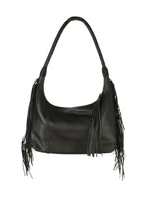 Carlos Falchi Large Fringe Suede Hobo Shoulder Bag - Black Obsidian