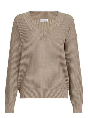 Brunello Cucinelli Ribbed Net V-neck Sweater - Walnut