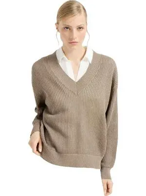 Brunello Cucinelli Ribbed Net V-Neck Sweater Walnut