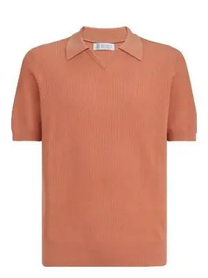 Brunello Cucinelli Cotton English Rib Knit Polo Apricot