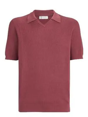 Brunello Cucinelli Cotton English Rib Knit Polo Coral