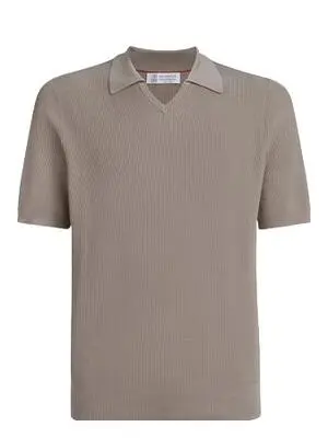 Brunello Cucinelli Cotton English Rib Knit Polo Light Brown