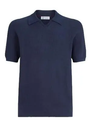 Brunello Cucinelli Cotton English Rib Knit Polo Navy Blue
