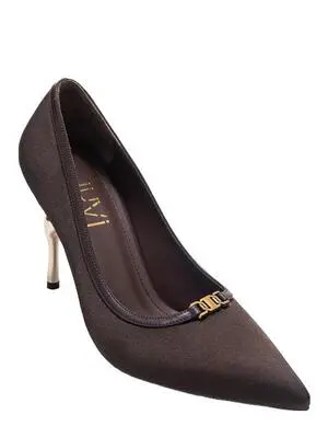 PROLOGUE SHOES Milos Buckle Pointed Toe Pump Brown Satin