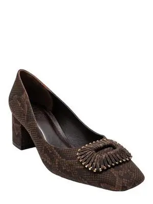 PROLOGUE SHOES Velora Buckle Square Toe Block Heel Pumps - Brown Pattern