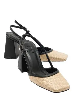 PROLOGUE SHOES Rivie Raffia Square Toe Block Heel Pumps Black