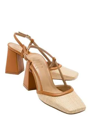 PROLOGUE SHOES Rivie Raffia Square Toe Block Heel Pumps Cognac