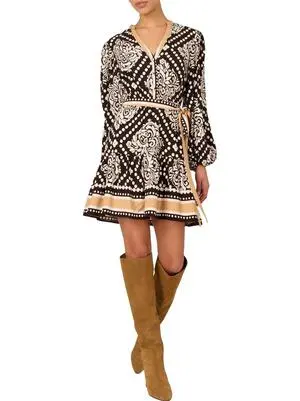 Adrianna Papell Mixed Print Long Sleeve Dress - Black/ivory