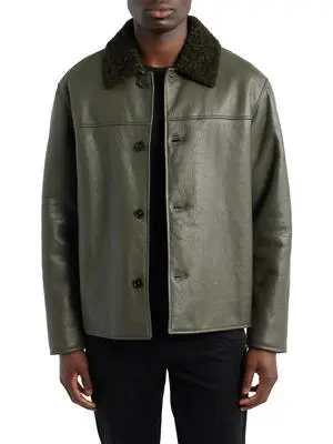 FRAME Leather Barn Jacket With Genuine Shearling Collar - Dark Olive