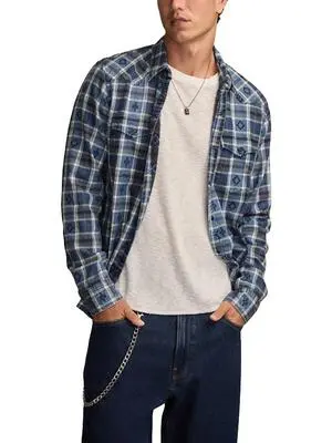Lucky Brand Plaid Cotton Dobby Snap-up Western Shirt - Indigo Multi