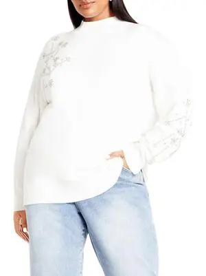 City Chic Zariah Rhinestone Mock Neck Sweater - Ivory