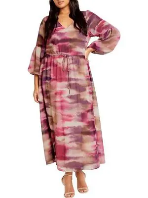 City Chic Printed Long Sleeve Maxi Dress - Pink Print