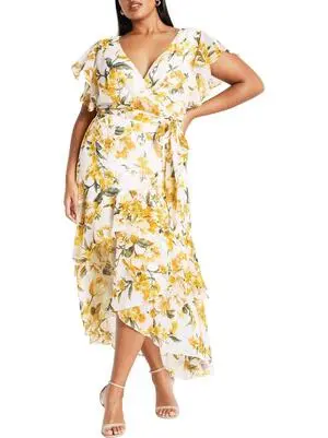 City Chic Floral Faux Wrap Tiered Midi Dress - Yellow Floral