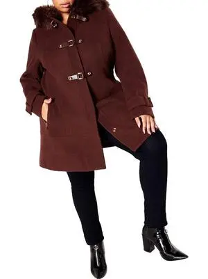 City Chic Faux Fur Trimmed Coat - Chocolate